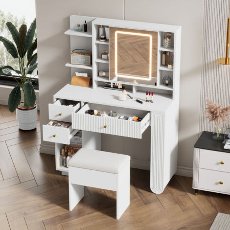 Coiffeuse avec Tabouret, Vanity Desk avec LED Tricolore Réglable ...