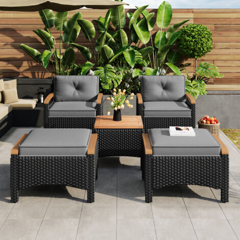 Rattan-Balkon-Lounge-Set (5-teilig), Akazienplatte mit grauen Kissen ...