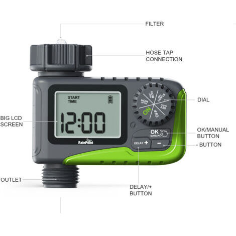 Programmateur d'arrosage RAINPOINT, manuel, automatique, facile à utiliser, avec écran LCD