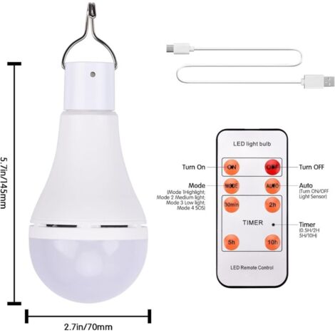 USB Ampoule Rechargeable Avec Télécommande, 7W LED Ampoules Batterie ...