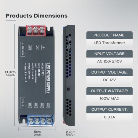 220V 12V LED Driver 100W, Ultra Mince Transfo 8,3A Adaptateur ...