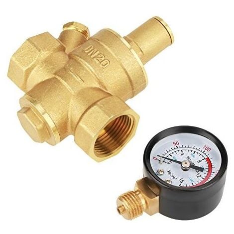 DN20 Vanne de réduction de pression d'eau réglable en laiton avec Manomètre Compteur de pression ...