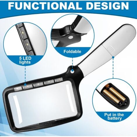 Loupe de lecture pliable avec éclairage, loupe de lecture rectangulaire 2X avec 5 LED, idéale ...