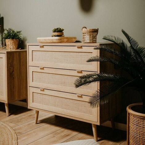 Commode 80x80h cm avec 3 tiroirs effet osier couleur - Bali