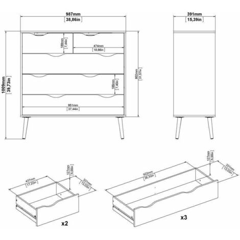 Dmora Commode à cinq tiroirs, blanc et chêne, Mesures 98 x 100 x 39 cm