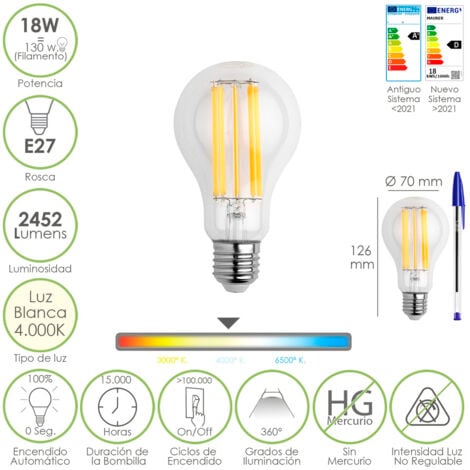 MAURER Bombilla Led Filamento Standar Rosca E27. 18 Watt. Equivale A 130 Watt. 2462 Lumenes. Luz ...