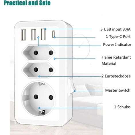 USB-Steckdose, 7-in-1-Mehrfachsteckdose mit 3 USB- und 1 Typ-C ...
