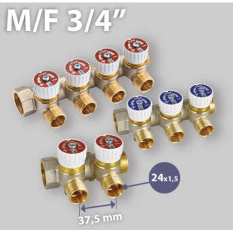 Collettore modulare con arresti manuali in ottone maschio femmina per impianti sanitari 3/4"x 4 ...