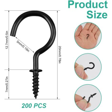200 Pièces Crochets à Visser Noir, 1/2 Pouce Piton à Visser, Crochets à ...