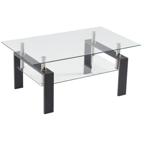 Table basse rectangulaire double couche en verre trempé, pieds en tube ...