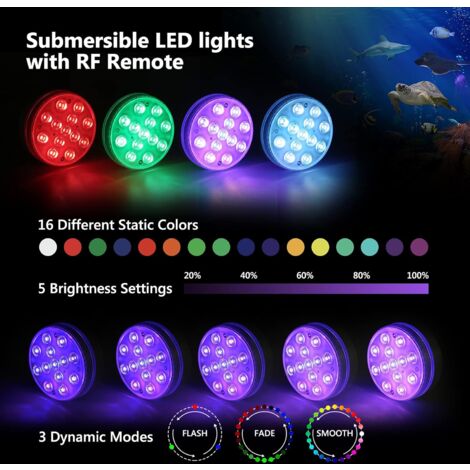 Lumière LED submersible, lumières sous-marines 16 couleurs, lampe de piscine 13 perles LED avec ...