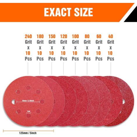 Disques Abrasifs 125mm Grain Mixte 40/60/80/100/120/150/180/240 Papier ...