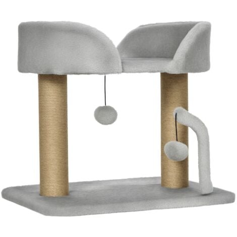 Arbre à chat grattoir design avec jeu 2 pompons suspendus 2 poteaux jute plateforme peluche jute ...