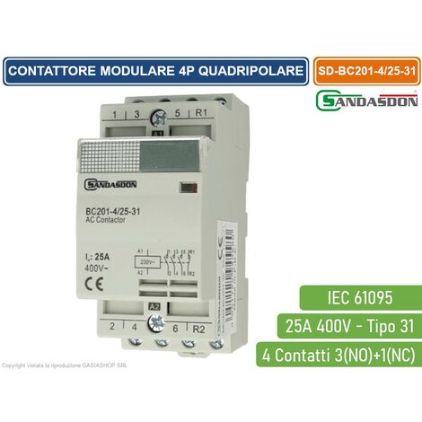 SANDASDON CONTATTORE MODULARE SU BARRA DIN 4P 25A 400V 3 CONTATTI ...
