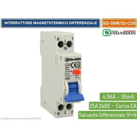 SANDASDON INTERRUTTORE MAGNETOTERMICO DIFFERENZIALE SALVAVITA PER BARRA DIN 1 MODULI 1P+N 25A ...