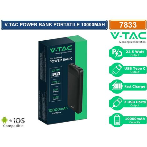 V-TAC Power Bank 10000mAh, Ricarica Rapida PD 22.5W, USB-A, USB Type-C ...