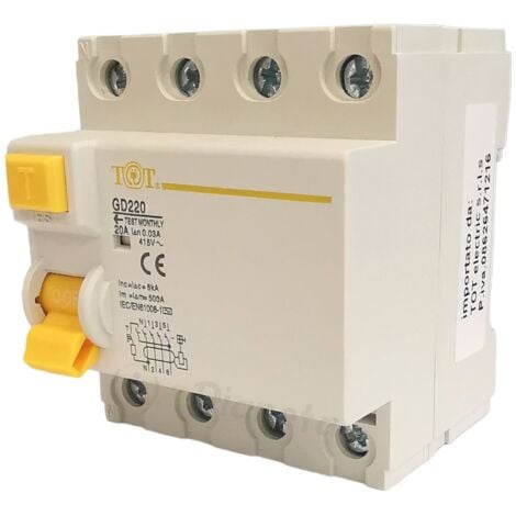 INTERRUTTORE MAGNETOTERMICO DIFFERENZIALE 50A PER BARRA DIN 4 MODULI 4P 220V-415VAC 30mA 6KA