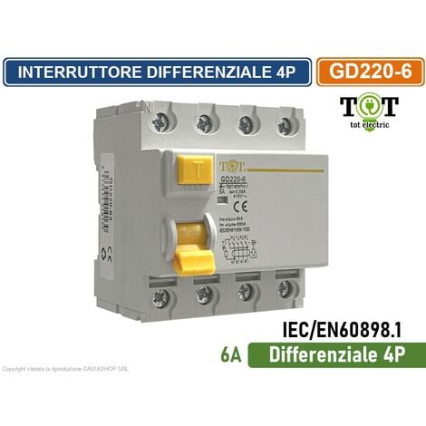 INTERRUTTORE MAGNETOTERMICO DIFFERENZIALE 6A PER BARRA DIN 4 MODULI 4P 220V-415VAC 30mA 6KA