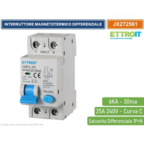 ETTROIT INTERRUTTORE MAGNETOTERMICO DIFFERENZIALE SALVAVITA PER BARRA DIN 2 MODULI 1P+N 25A C25 ...