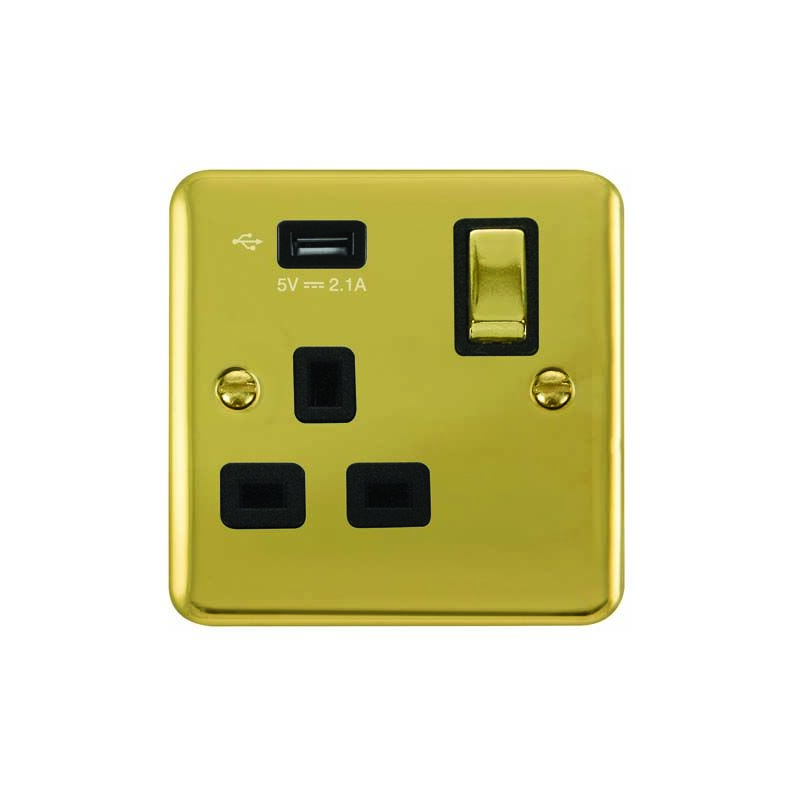 Curved Polished Brass 1 Gang 13A DP Ingot 1 USB Switched Plug Socket ...