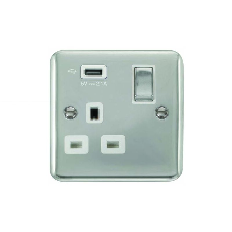 Curved Polished Chrome 1 Gang 13A DP Ingot 1 USB Switched Plug Socket ...