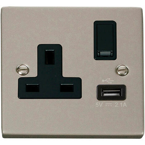 Pearl Nickel 1 Gang 13A DP 1 USB Switched Plug Socket - Black Trim - SE ...