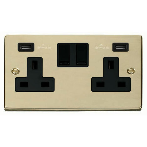 Polished Brass 2 Gang 13A 2 USB Twin Double Switched Plug Socket ...