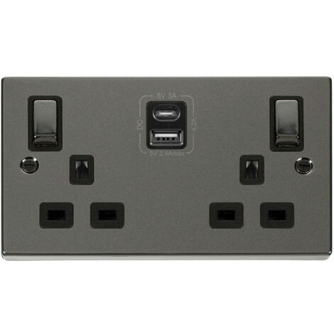 Black Nickel 2 Gang 13A DP Ingot Type A & C USB Twin Double Switched ...