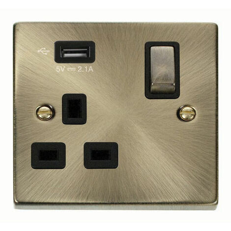 Antique Brass 1 Gang 13A DP Ingot 1 USB Switched Plug Socket - Black ...