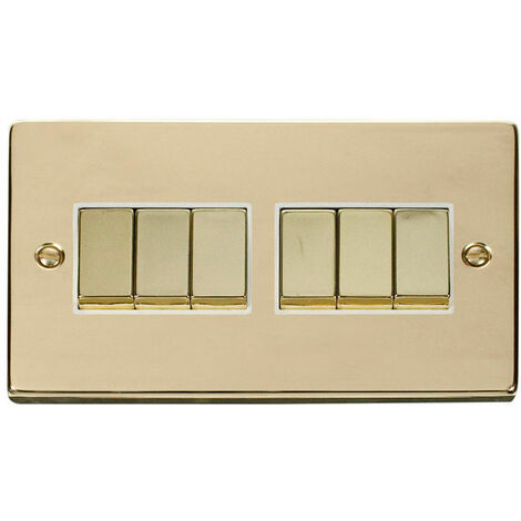 Polished Brass 10A 6 Gang 2 Way Ingot Light Switch - White Trim - SE Home