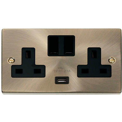 Antique Brass 2 Gang 13A 1 USB Twin Double Switched Plug Socket - Black ...
