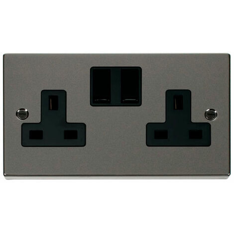 Black Nickel 2 Gang 13A Twin Double Switched Plug Socket - Black Trim ...