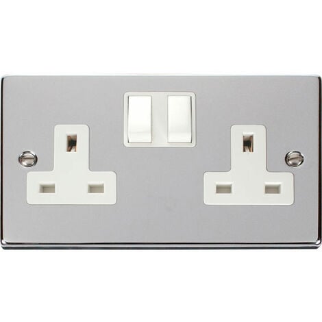 Polished Chrome 2 Gang 13A Twin Double Switched Plug Socket - White ...