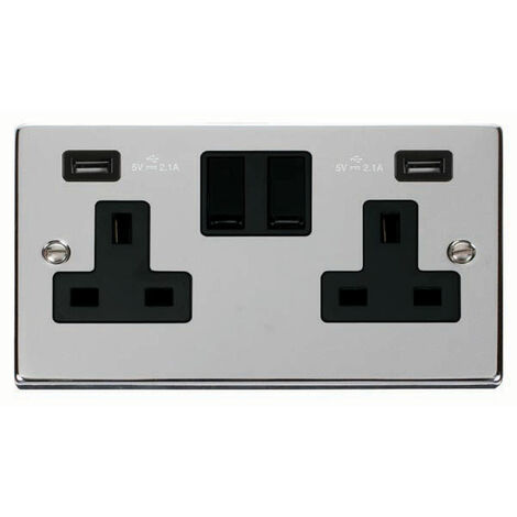 Polished Chrome 2 Gang 13A 2 USB Twin Double Switched Plug Socket ...