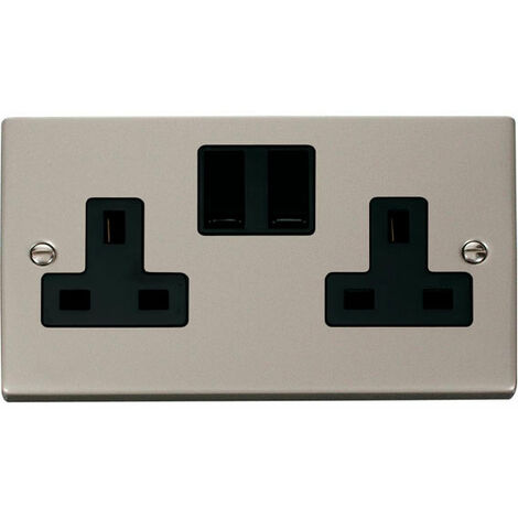 Pearl Nickel 2 Gang 13A Twin Double Switched Plug Socket - Black Trim ...