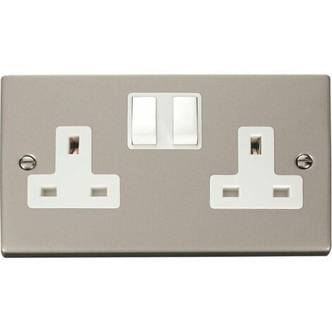 Pearl Nickel 2 Gang 13A Twin Double Switched Plug Socket - White Trim ...