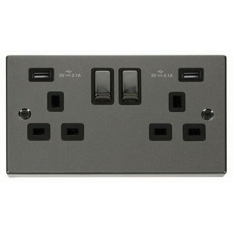 Black Nickel 2 Gang 13A DP Ingot 2 USB Twin Double Switched Plug Socket ...