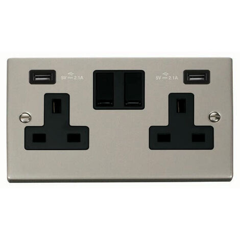 Pearl Nickel 2 Gang 13A 2 USB Twin Double Switched Plug Socket - Black ...