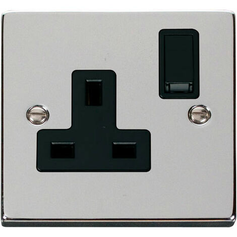 Polished Chrome 1 Gang 13A DP Switched Plug Socket - Black Trim - SE Home