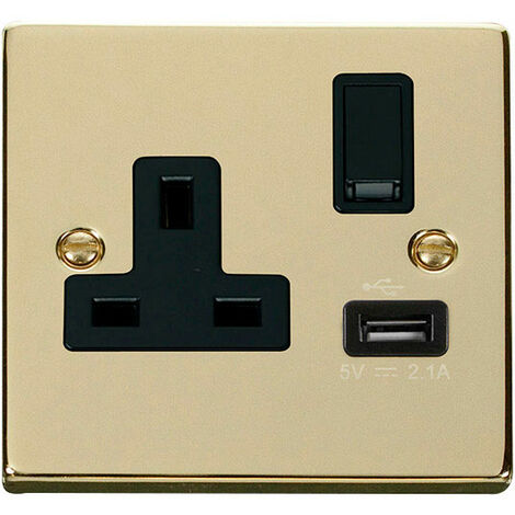 Polished Brass 1 Gang 13A DP 1 USB Switched Plug Socket - Black Trim ...