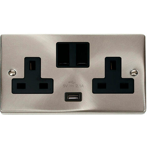 Satin / Brushed Chrome 2 Gang 13A 1 USB Twin Double Switched Plug ...