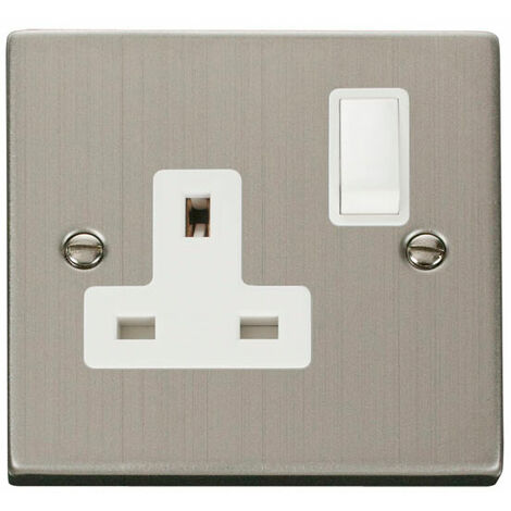 Stainless Steel 1 Gang 13A DP Switched Plug Socket - White Trim - SE Home