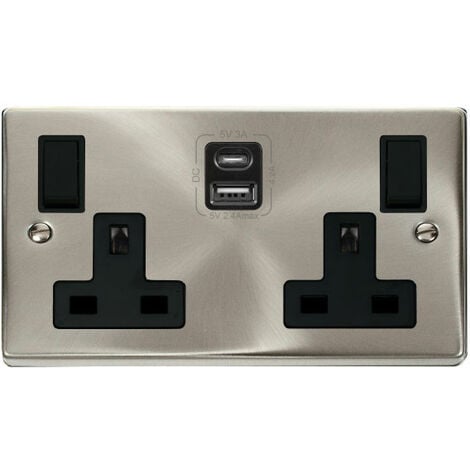 Satin / Brushed Chrome 2 Gang 13A Type A & C USB Twin Double Switched ...