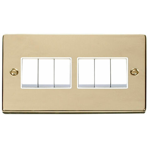 Polished Brass 10A 6 Gang 2 Way Light Switch - White Trim - SE Home