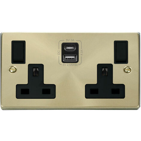 Satin / Brushed Brass 2 Gang 13A Type A & C USB Twin Double Switched ...