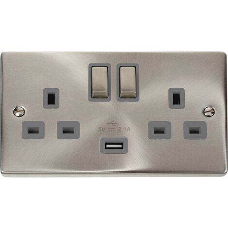Satin / Brushed Chrome 2 Gang 13A DP Ingot 1 USB Twin Double Switched ...