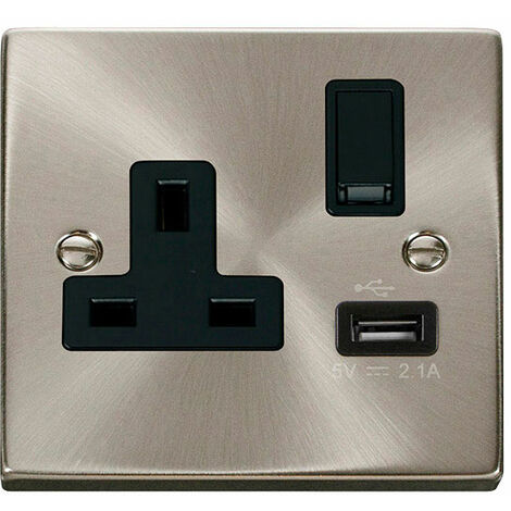 Satin / Brushed Chrome 1 Gang 13A DP 1 USB Switched Plug Socket - Black ...