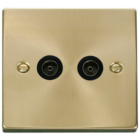 Satin / Brushed Brass 2 Gang Twin Coaxial TV Socket - Black Trim - SE Home