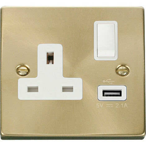 Satin / Brushed Brass 1 Gang 13A DP 1 USB Switched Plug Socket - White ...
