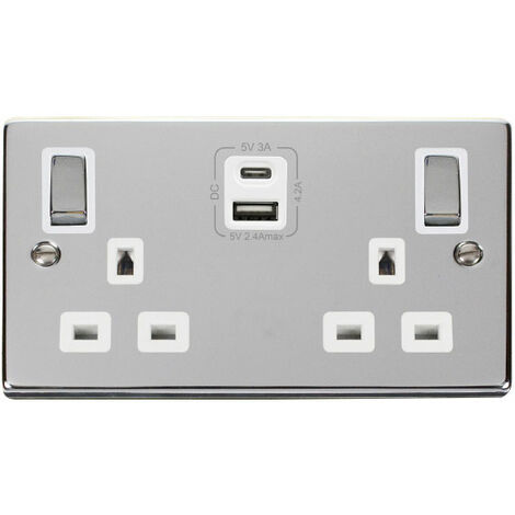 Polished Chrome 2 Gang 13A DP Ingot Type A & C USB Twin Double Switched ...